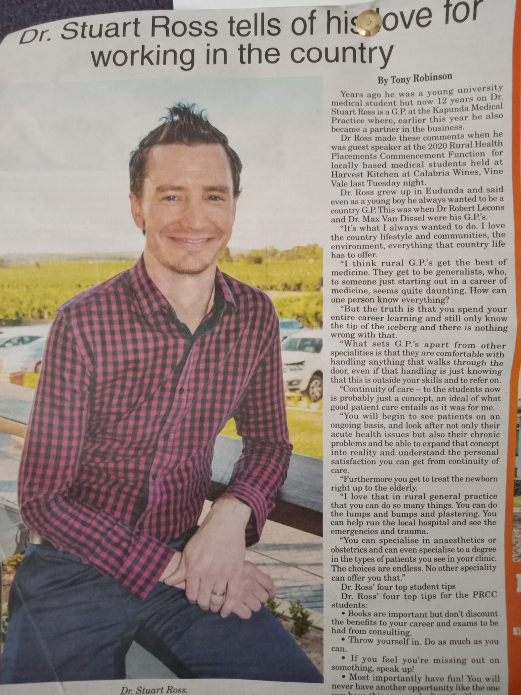 Dr Stuart Ross - recent Leader article - Kapunda & Eudunda Medical Practice